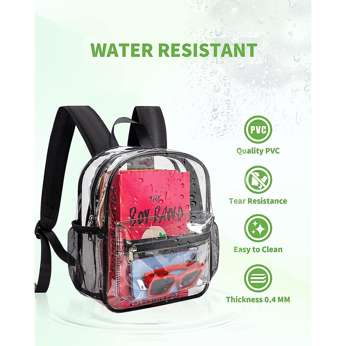 MAY TREE Clear Backpack Stadium Approved, Mini Clear Backpack, Heavy Duty Waterproof Transparent PVC Backpack (Black)