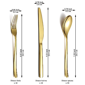 Berglander Gold Wedding Silverware Set 60pcs Service for 20, Titanium Plating Stainless Steel Flatware Set, Gold Spoons Forks Knives Set for Home, Wedding, Restaurant, Dishwasher Safe