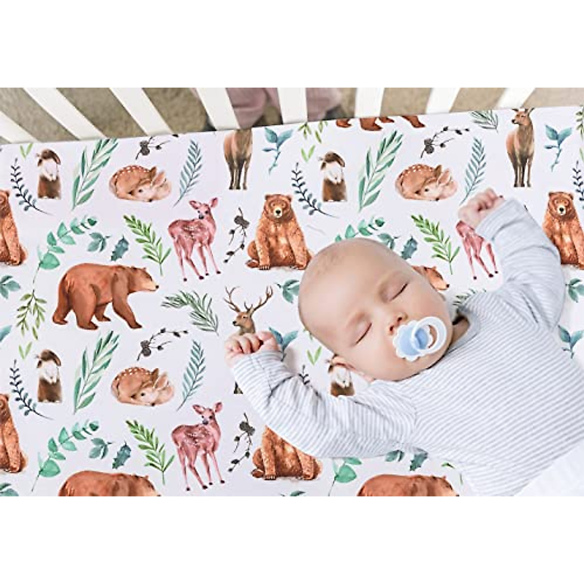 4 Pack Woodland Forest Animals Wood Neutral Unisex Fitted Baby Crib Sheets Set for Baby Boys or Girls