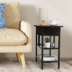 Hadulcet Side Table with USB Ports and Outlets, Narrow Sofa End Table with Storage Shelf for Small Spaces, Nightstand with Charging Station Bedside Table for Living Room, Black Walnut