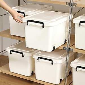 GUMEIGODA 23 Qt Latching Storage Bin,Stackable Bin with Wheels and Latching Lids，Removable Storage Containers, Clothes Bins Storage for Closet Organization,Thickened Plastic，White，3-Packs (white, 3M)