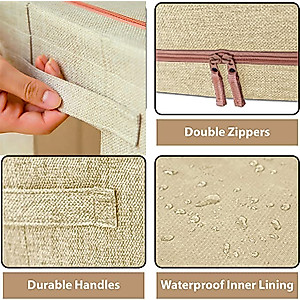 2 pack 66L foldable stackable storage box, steel frame clothes bag, bedroom container with 2 clear windows, 3 steel frames, 2 zippers, 2 reinforced handles ,thick linen fabric, waterproof,(2X66L, beige) for closet, comforters, blankets, bedding, quilt.