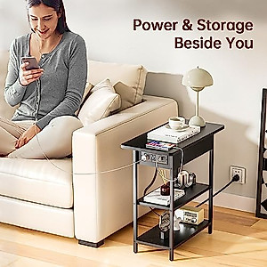 HOUIT End Table with Charging Station, Narrow Flip Top Side Table with USB Ports and Outlets, Nightstand with Storage for Small Spaces, Bedside Tables for Living Room, Bedroom - Black