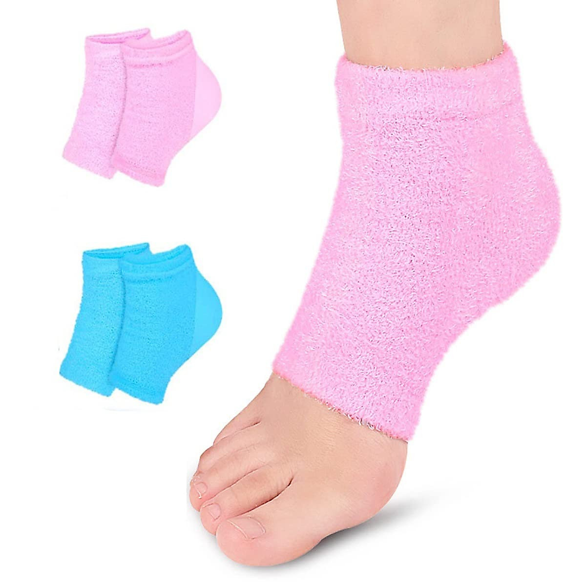 Moisturizing Gel Heel Sleeves - 2 Pairs Gel Lined Fuzzy Toeless Spa Socks for Cracked Heels, Dry feet While You Sleep