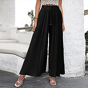 Womens Wide Leg Palazzo Pants High Waisted Lounge Pant Smocked Pleated Loose Casual Pant Suits for Women (Black, XL) X-Large