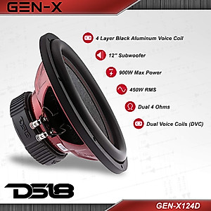 DS18 GEN-X124D Subwoofer in Black - 4 Layer Black Aluminum Voice Coil, 12", 900W Max Power, 450W RMS, Dual 4 Ohms - Powerful Car Audio Bass Speaker (1 Speaker)