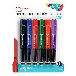 Office Depot® Brand Round Liquid Permanent Markers, Chisel Tip, Clear Barrel, Assorted Ink Colors, Pack Of 6
