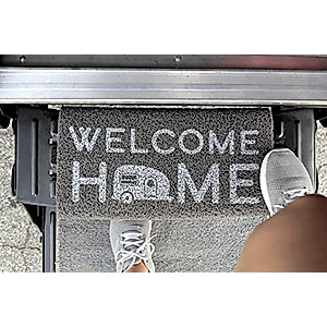 Camco 53196 Life is Better at The Campsite RV Wrap Around Step Rug, Fits 18-inch Wide Steps - for Manual and Electric RV Steps - Features a Gray Mat with a White Welcome Home Retro RV Print