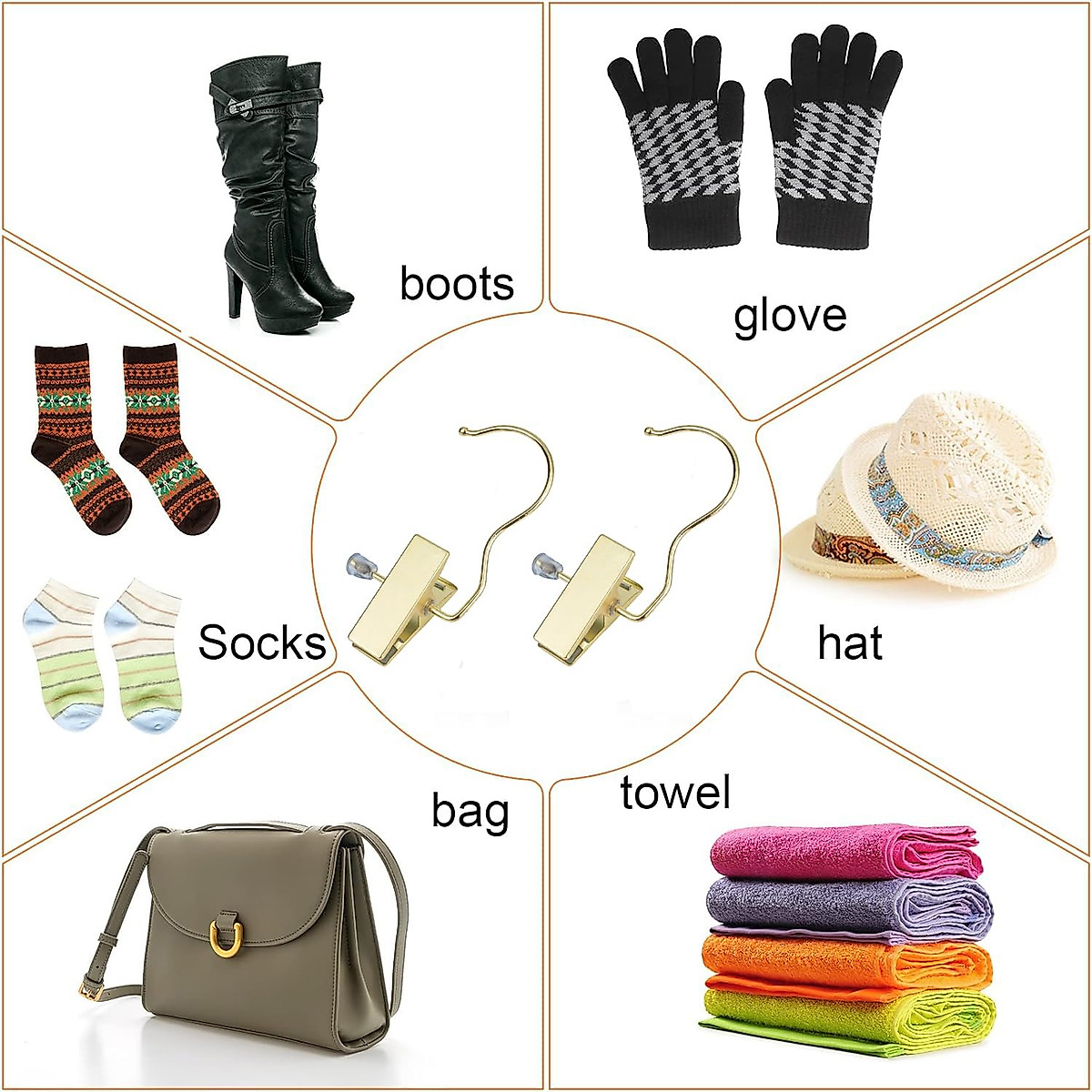 KOOBAY Boot Hangers 4.5" Metal Outfit Hanger Gold Hanging Clips for Gloves Shoes Laundry Hooks Hair Extension Wigs Clips Portable Home Travel Hangers for Hat, Towels, Bras, Socks 12Pack