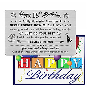 FALOGIJE 18th Birthday Card Gifts for Grandson, Birthday Gifts for 18 Year Old Grandson, Engraved Metal Wallet Card