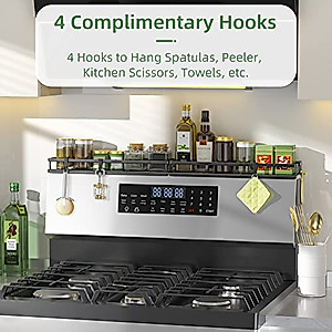 TOPCHASE Stove Top Shelf with Sides, 30” Two-section over The Stove Shelves, Black Stove Top Spice Rack, 3 Ways to Install Kitchen Spice Organizer above Stove, No Magnetic