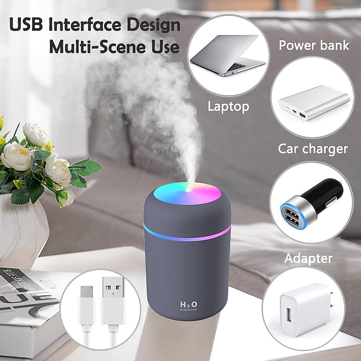 Gekestory Colorful Cool Mini Humidifier, Aromatherapy Essential Oil Diffusers, Cool Mist Humidifiers, Aroma USB Personal Desktop Humidifier for Bedroom, Car, Office. 2 Modes, Super Quiet (300ml Navy)