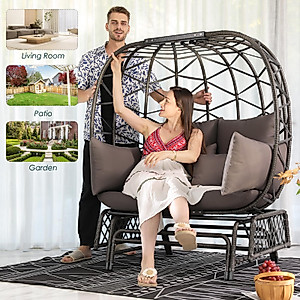 RADIATA Oversized Wicker Double Egg Chair w/ 7 Cushions 500lb Capacity Lounge Basket with Strong Heavy-Duty Steel Frame for Indoor Outdoor Patio Backyard Living Room (Gray)