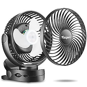 Viniper 6 inch Rechargeable Clip Fan with LED Light, 10000mah Battery Camping Hanging Fan : 360° Rotation, 3 Speeds, Also Use As Power Bank, Tent Personal Fan with Hanging Hook - Black
