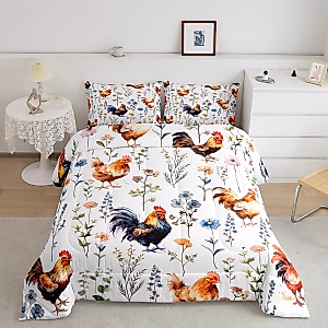 Chicken Twin Size Bedding Set Boys Girls Cute Rooster Hen Comforter Set for Kids Ultra Soft Farmhouse Animals Comforter Floral Duvet Set Room Decor Quilt Set