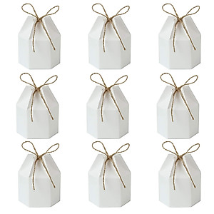 50Pack Paper Gift Boxes Lantern Hexagon Kraft Paper Package Box with Twine Candy Chocolate Gift Packing Wrap for Wedding Party Christmas White