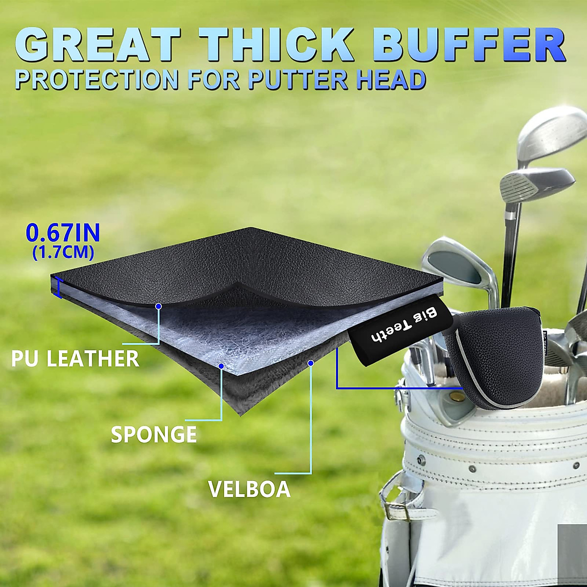 BIG TEETH Golf Mallet Putter Cover Headcover Club Protector Magnetic Closure DON'T FIT IRON MATERIAL PUTTER for Scotty Cameron Taylormade Odyssey 2 Ball Club (Black)