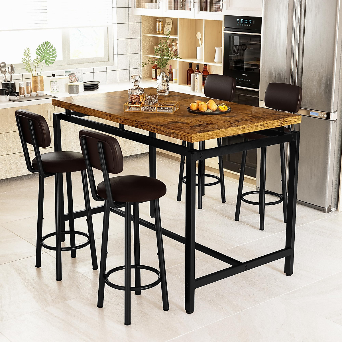 DKLGG Dining Table Set for 4 Modern Bar Table and Chairs Set, Modern Kitchen Table with 4 PU Upholstered Backrest Stool, Counter Height Table Set for Breakfast Nook & Small Space (Rustic Brown)