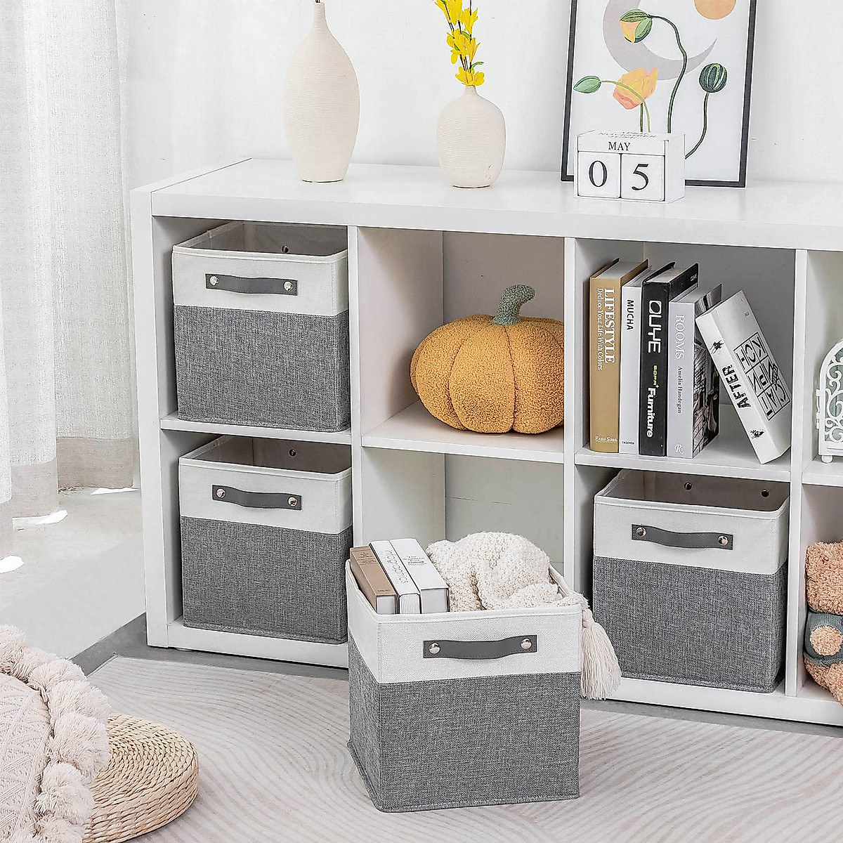 DULLEMELO 11x11 Cube Storage Bins, Foldable Fabric Cubby Baskets 11 x 11 storage cubes for Organizing Toys Books Towels Clothes, Cube Storage Organizer Bins for Shelves Closet Home Office, White&Grey