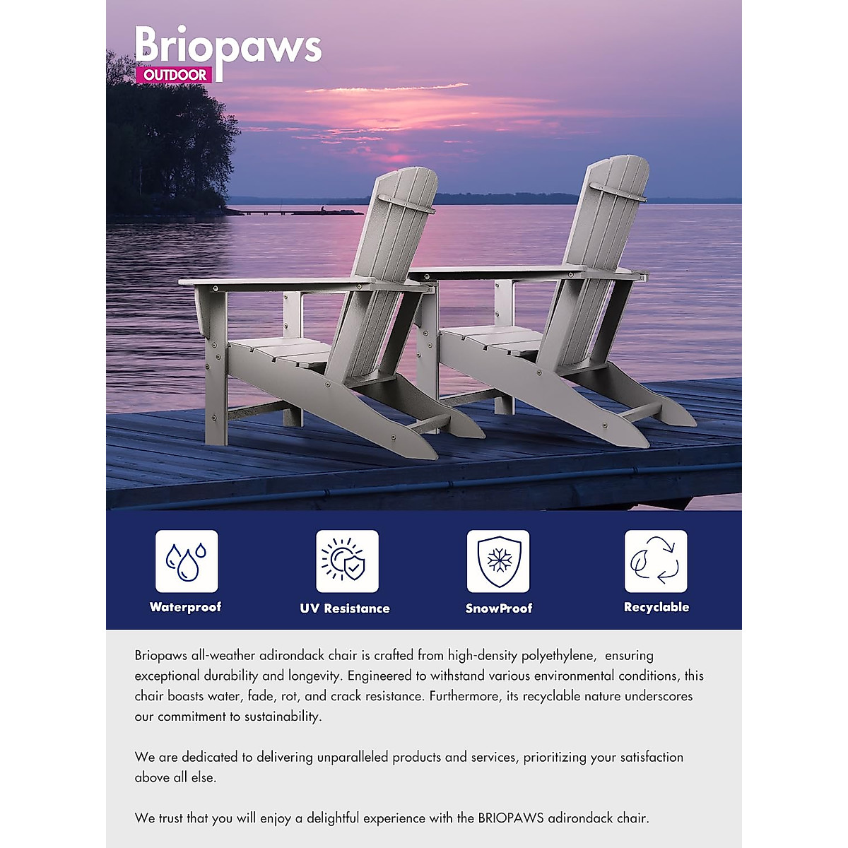 BRIOPAWS Adirondack-Chairs-Set of 2 | Fire Pit Chair | Oversized | HDPE Plastic | Weather Resistant | for Deck Outdoor Poolside Campfire | White