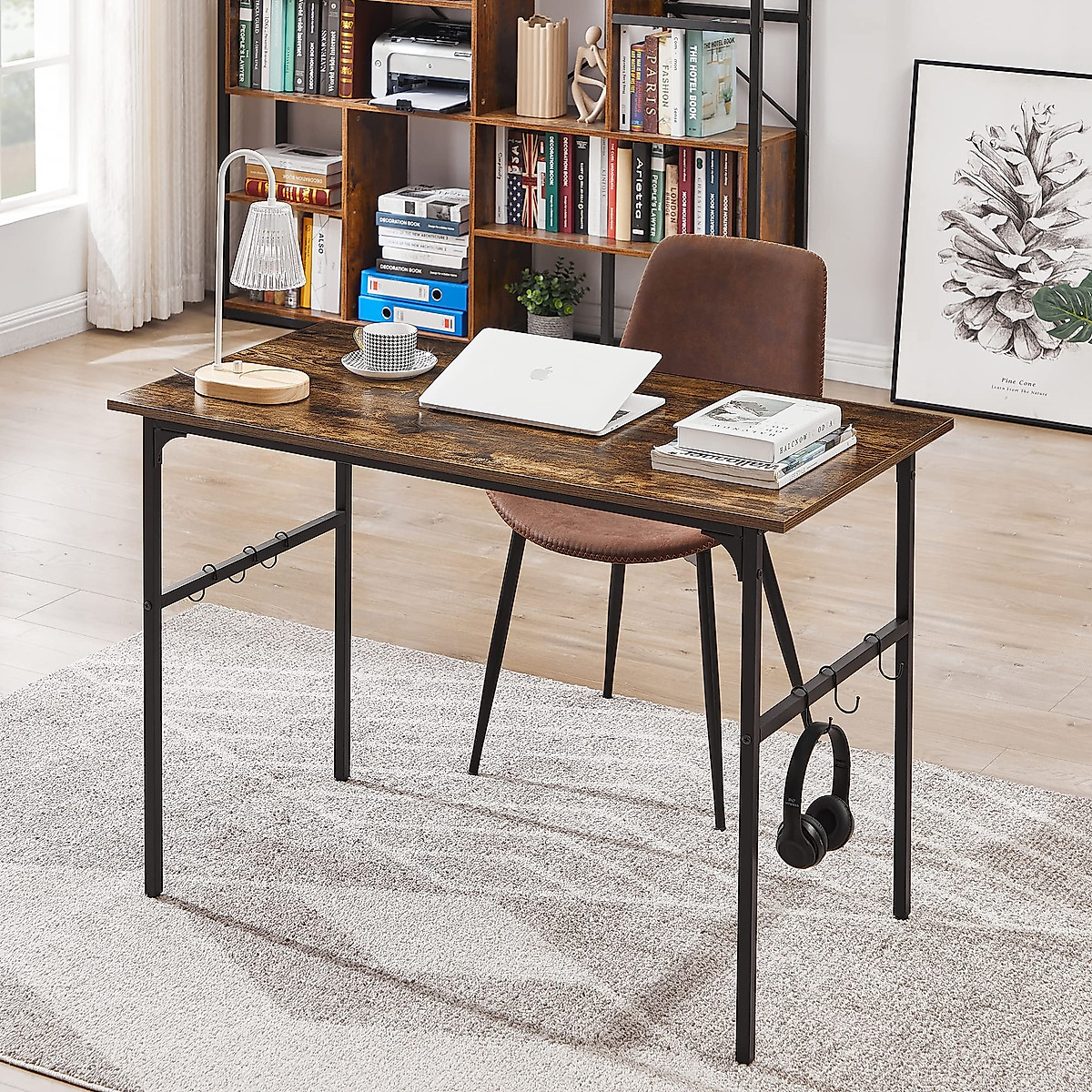 VECELO 44" Computer Writing Desk for Home Office, Study Table Workstation for Small Spaces with 6 Hooks & Adjustable Legs, Metal Frame,Brown, 44Inches
