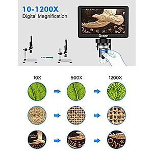 7'' Digital Microscope 1200X,Dcorn 12MP 1080P Photo/Video Microscope with 32GB TF Card for Adults Soldering Coins,Metal Stand,Wired Remote,10 LED Fill Lights,PC View,Windows/Mac Compatible