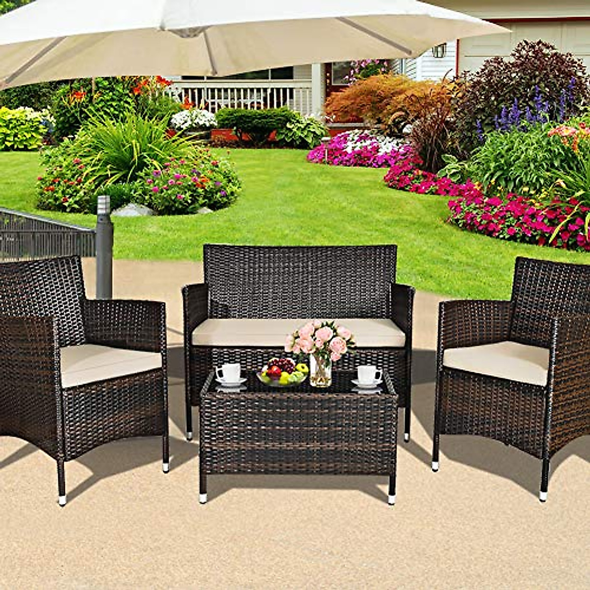BestComfort 4 Piece Outdoor Patio Furniture Set Wicker Conversation Set, Sectional Sofa Rattan Wicker Chair, Glass Coffee Table for Backyard Porch Poolside Balcony Garden