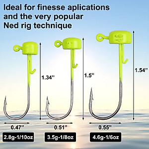 Ned Rig Jig Head Hooks Kit, 30pcs Finesse Mushroom Jig Heads for Soft Lures Mushroom Jig Heads Ned Rig Hooks for Bass Crappie Fishing 1/10oz 1/8oz 1/6oz