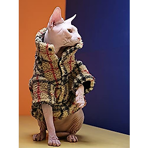 Sphynx Hairless Cat Clothes Winter Thick Warm Plaid Printing High Collar Button Coat for Cats Soft Faux Fur Pet Clothes with Sleeves (Vintage Plaid, M(4.4-5.5lbs))