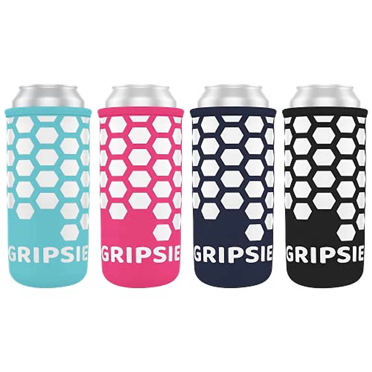 GRIPSIE 16oz Can Sleeves with Non-Slip Grip (4-Pack) Insulated Neoprene, Scuba Knit Polyester Fabric, Silicone Print Coolers for 16 Ounce Energy Drink and Beer Cans (Multicolor)