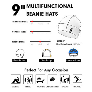 EMPIRELION 9" Multifunctional Lightweight Beanies Hats for Men Women Running Skull Cap Helmet Liner Sleep Caps (Black + Mid Grey Mel., 2)