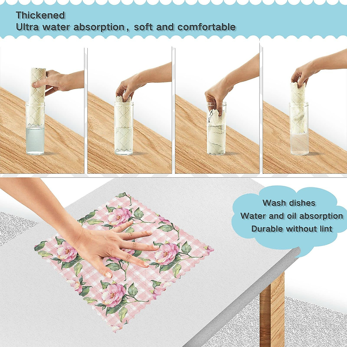 SUABO Pink Rose Plaid Checkered Kitchen Dishcloths, 6 Pack Dish Towels Quick Drying Tea Towels Absorbent Cleaning Towels Tableware Towel for Kitchen Bathroom