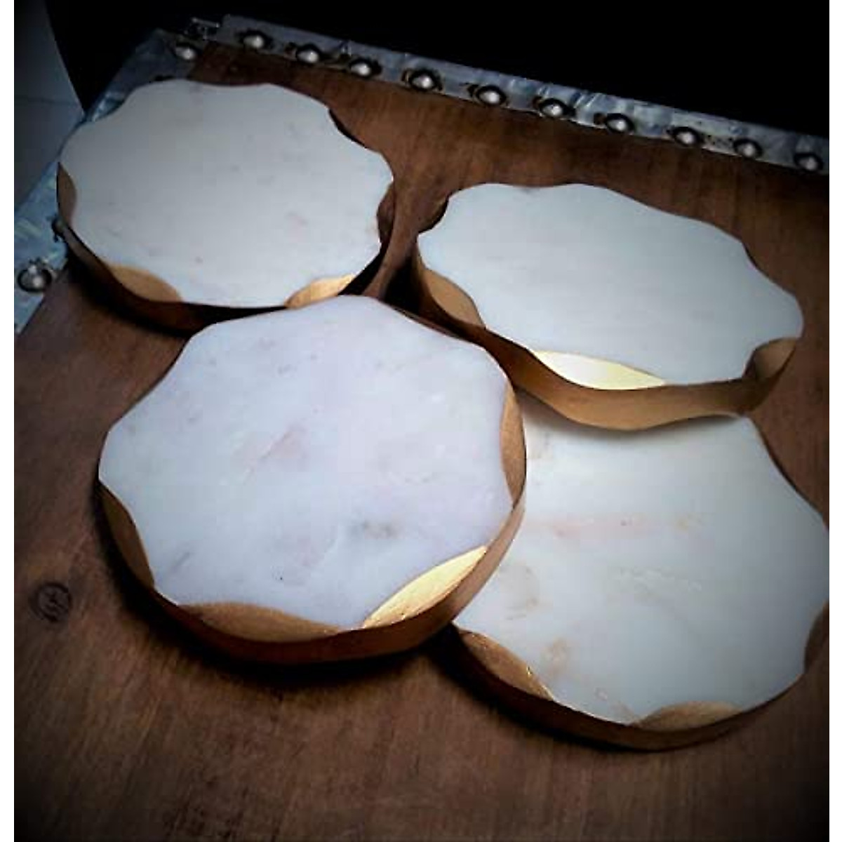 James Scott Marble Coasters - Set of 4 Round Natural Coasters with Gold Edges - Beautiful Gift