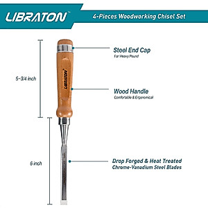 Libraton Woodworking Chisel Set, 4pcs Cr-V Wood Chisels Set, Professional Chisels with Leather Pouch for Carpenter, Christmas Gift for Man