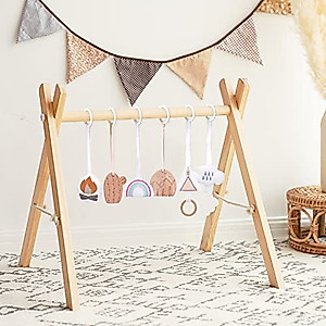 Mallify Wooden Baby Play Gym, Toddler Activity Center with 6 Hanging, Folding Hanging Bar, Pull Ring Toys, Easy to Assemble