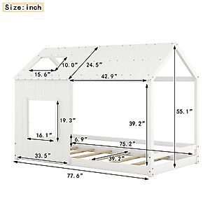 GINGVAT Twin Size Wooden House Bed with Roof and Window, Wood Bedframe Furniture，White