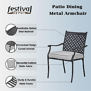 Festival Depot 8-Piece Outdoor Patio Furniture Outdoor Wrought Iron Dining Chairs Set for Porch Lawn Garden Balcony Pool Backyard with Arms and Cushions (8Pcs, Grey)