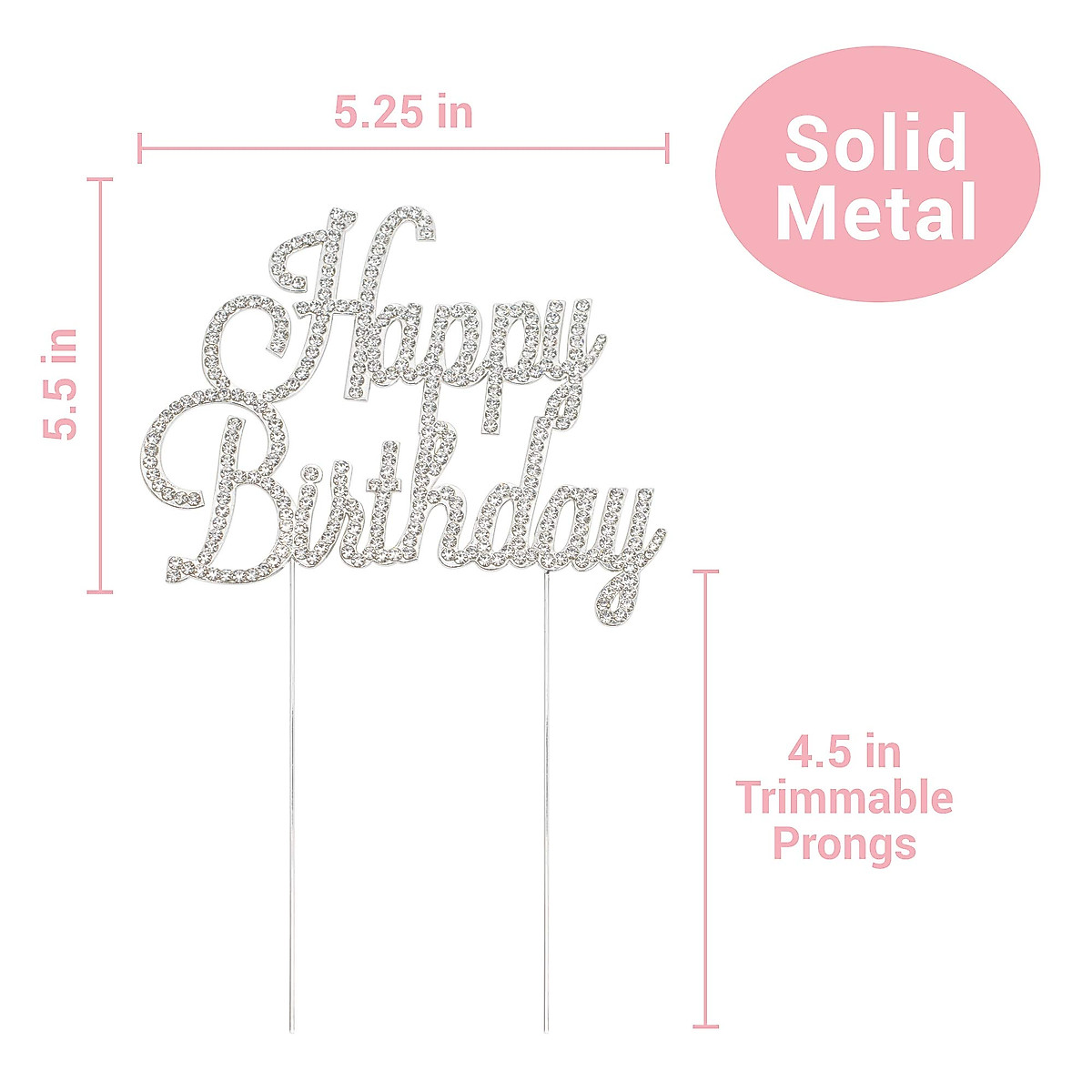 Happy Birthday Cake Topper - Premium Silver Metal - Happy Birthday Party Sparkly Rhinestone Decoration Makes a Great Centerpiece - Now Protected in a Box