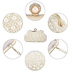 UBORSE Women Pearl Clutch Bead Rhinestone Evening Clutch Bag with removable Pearl Chain Ivory White