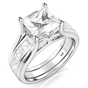 Metal Factory Sz 8 Sterling Silver 2Pcs 925 CZ Cubic Zirconia Engagement Wedding Band Ring Insert Set