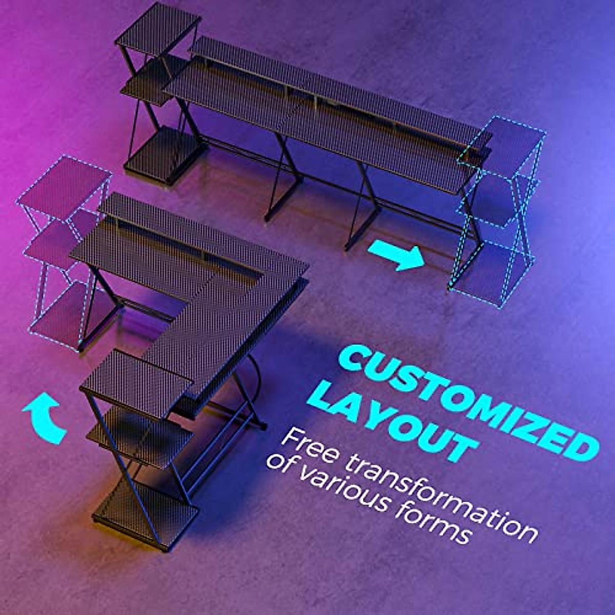 SEVEN WARRIOR L Shaped Gaming Desk with LED Lights & Power Outlets, 58” Reversible Computer Desk with Storage Shelf & Monitor Stand, Corner Desk with Cup Holder, with Headphone Hook, Black
