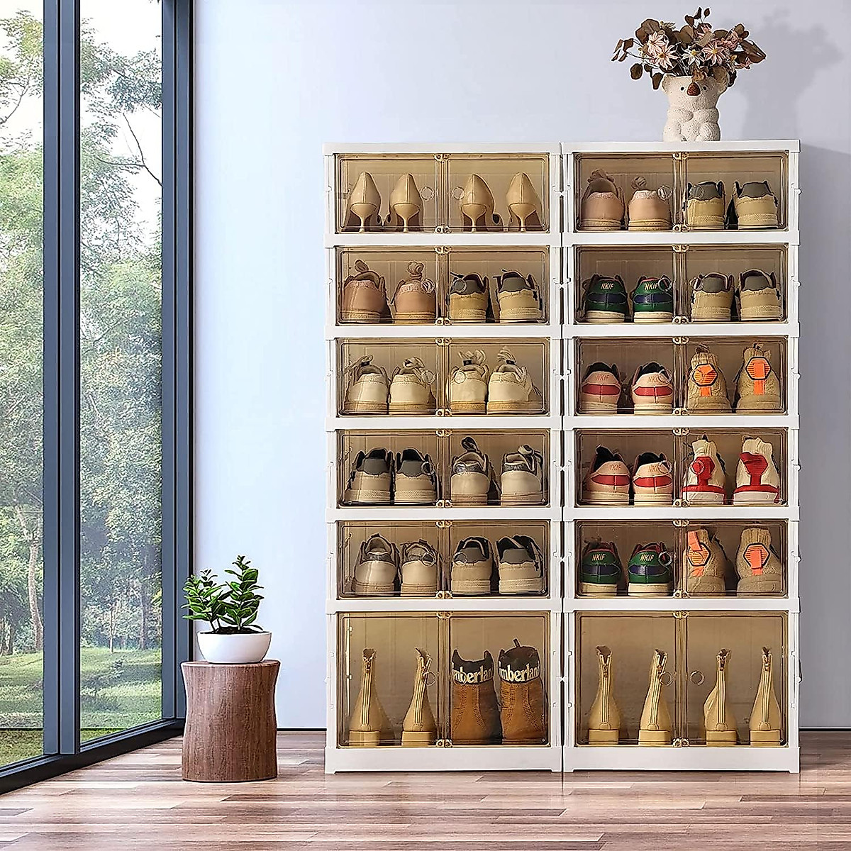 AOHMPT Foldable Storage Box - Clear Stackable Shoe Organizer with Lids - Large 6 Layer Shoe Rack Cabinet