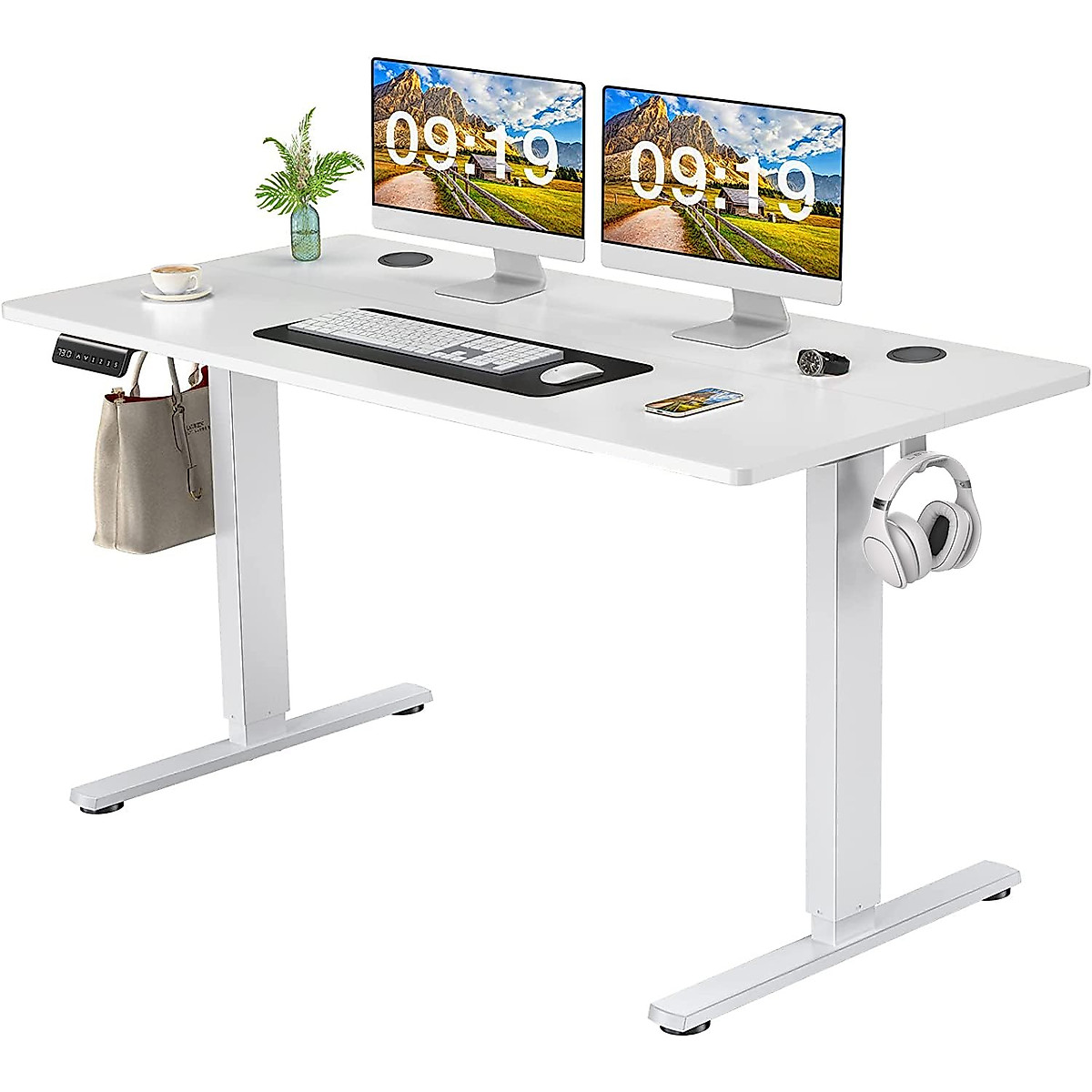 Sweetcrispy Height, 55 x 24 Inchs Electric 3 Memory Presets Adjustable Stand T-Shaped Bracket, Ergonomic Computer Desk for Home Office, White, 23.62"D x 55.12"W x 30"H