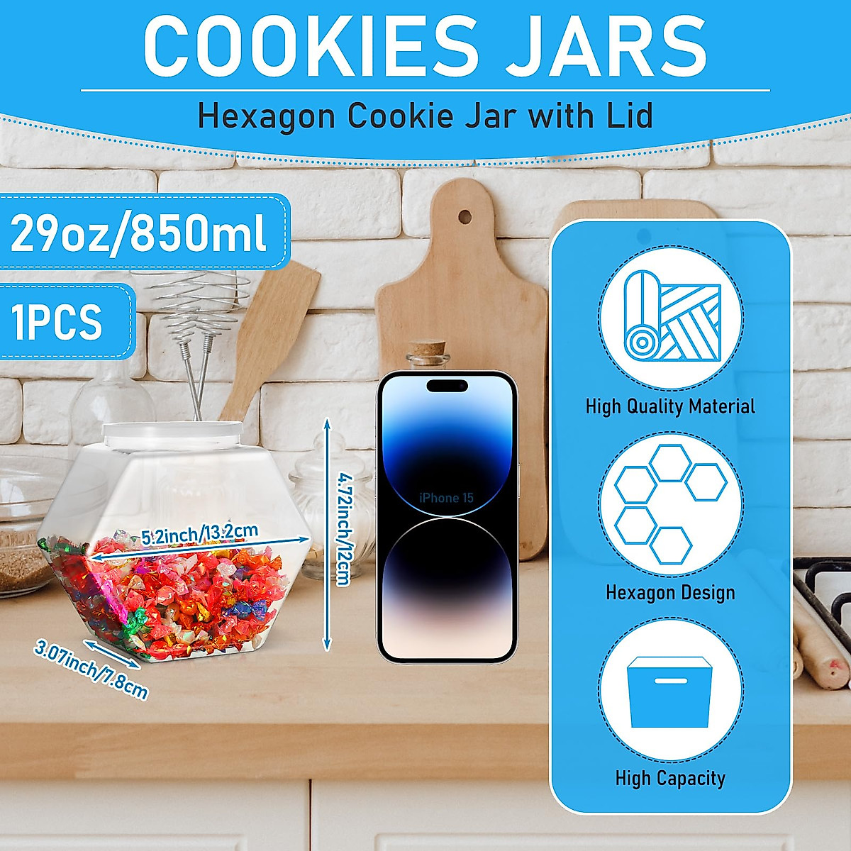 Uiifan 1 Piece Hexagonal Plastic Candy Jar with Lid Cookie Jar Clear Hexagonal Candy Containers for Snacks, Cookies, Dog Food, Craft and Sewing Supplies, Coffee Pod, Laundry Pod (29 oz)