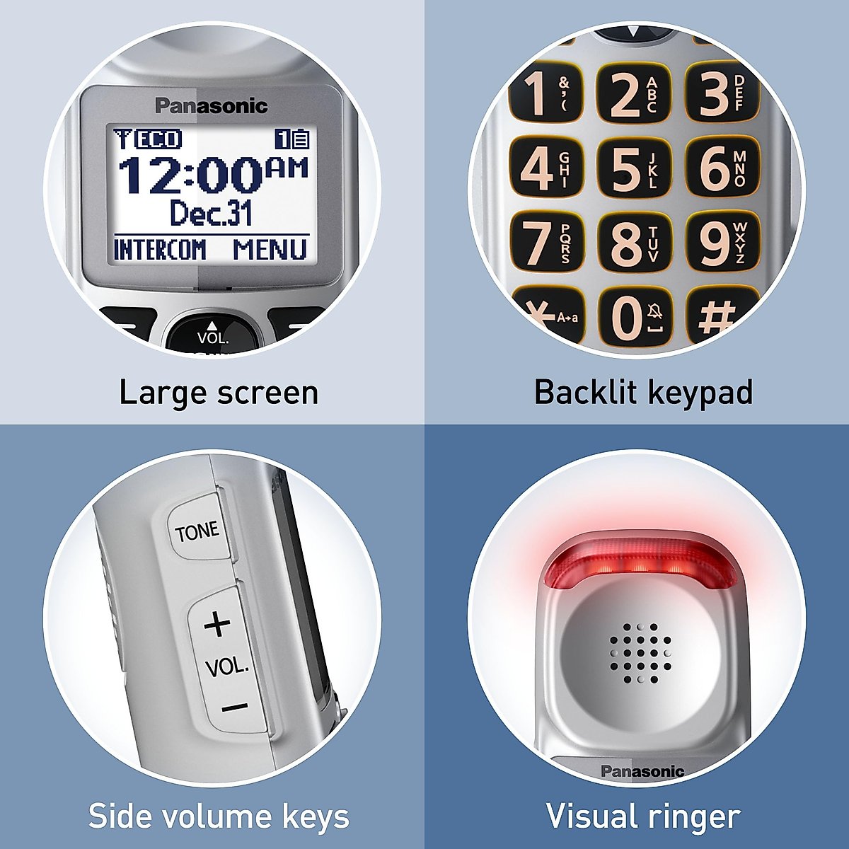 Panasonic Amplified Cordless Phone with Slow Talk, 50dB Volume Boost, 112dB Lound Visual Ringer, Hearing Aid Compatibility, Large Screen and Backlit Keypad - KX-TGM450S - 1 Handset (Silver)