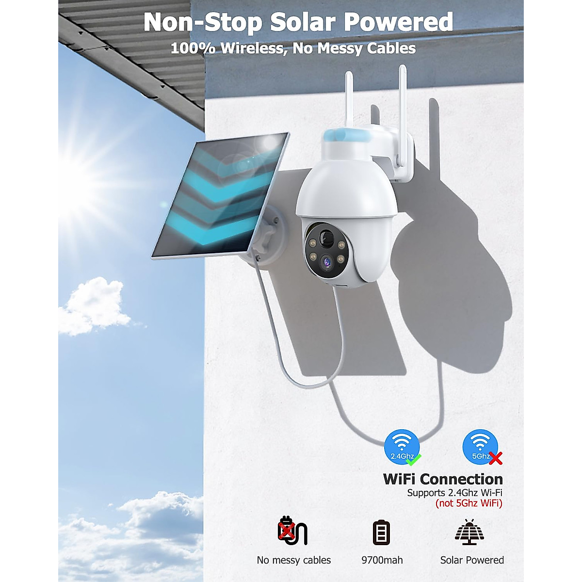 【2K】 Solar Powered Security Cameras Wireless Outdoor, 2 Pack, Pan Tilt 360°WiFi Camera with Color Night Vision/PIR Sensor/2-Way Audio/Alexa/Google Assistant