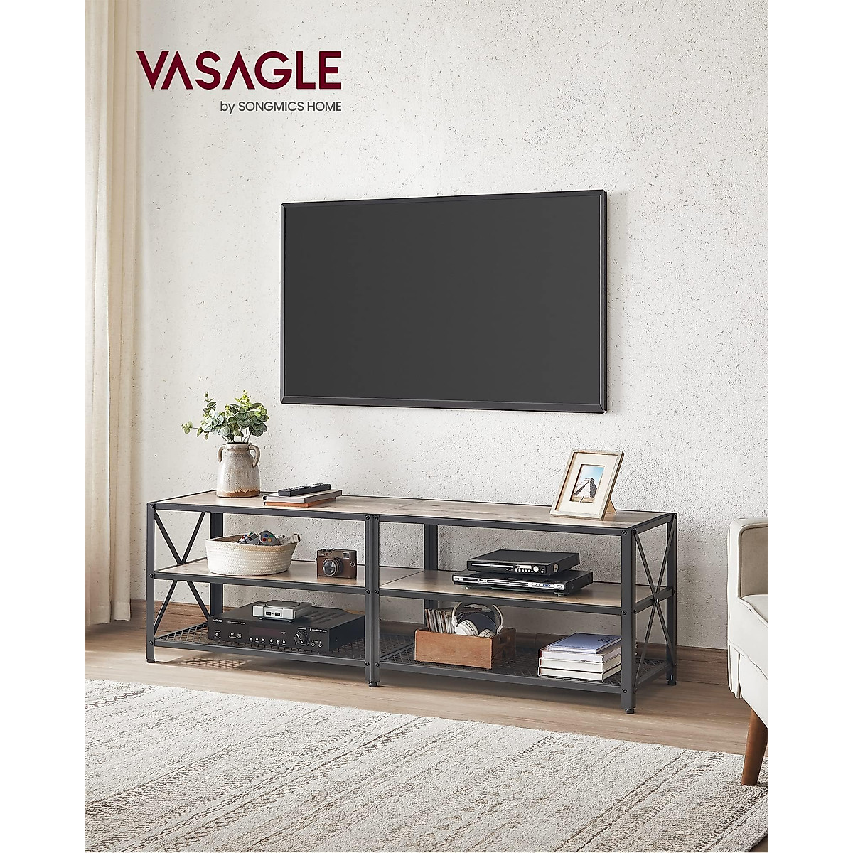 VASAGLE TV Stand, TV Console for TVs Up to 70 Inches, TV Table, 63 Inches Width, TV Cabinet with Storage Shelves, Steel Frame, for Living Room, Bedroom, Greige and Black ULTV095B02