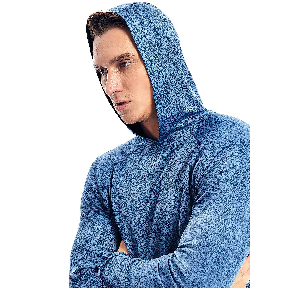Hooded Shirts for Men Long Sleeve Workout Hoodie Lightweight Athletic Gym Running Hoodies Pullover Shirt Dry Fit(32-Blue Heather,L)