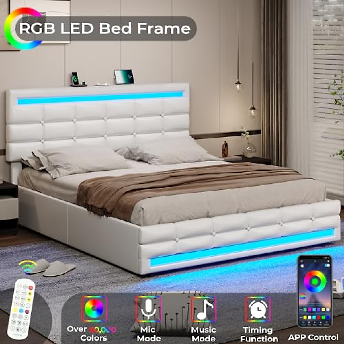 BTHFST Queen LED Bed Frame with Headboard, Faux Leather Platform Bed Frame with 2 USB Charging Station & Storage Drawers, No Squeak, White
