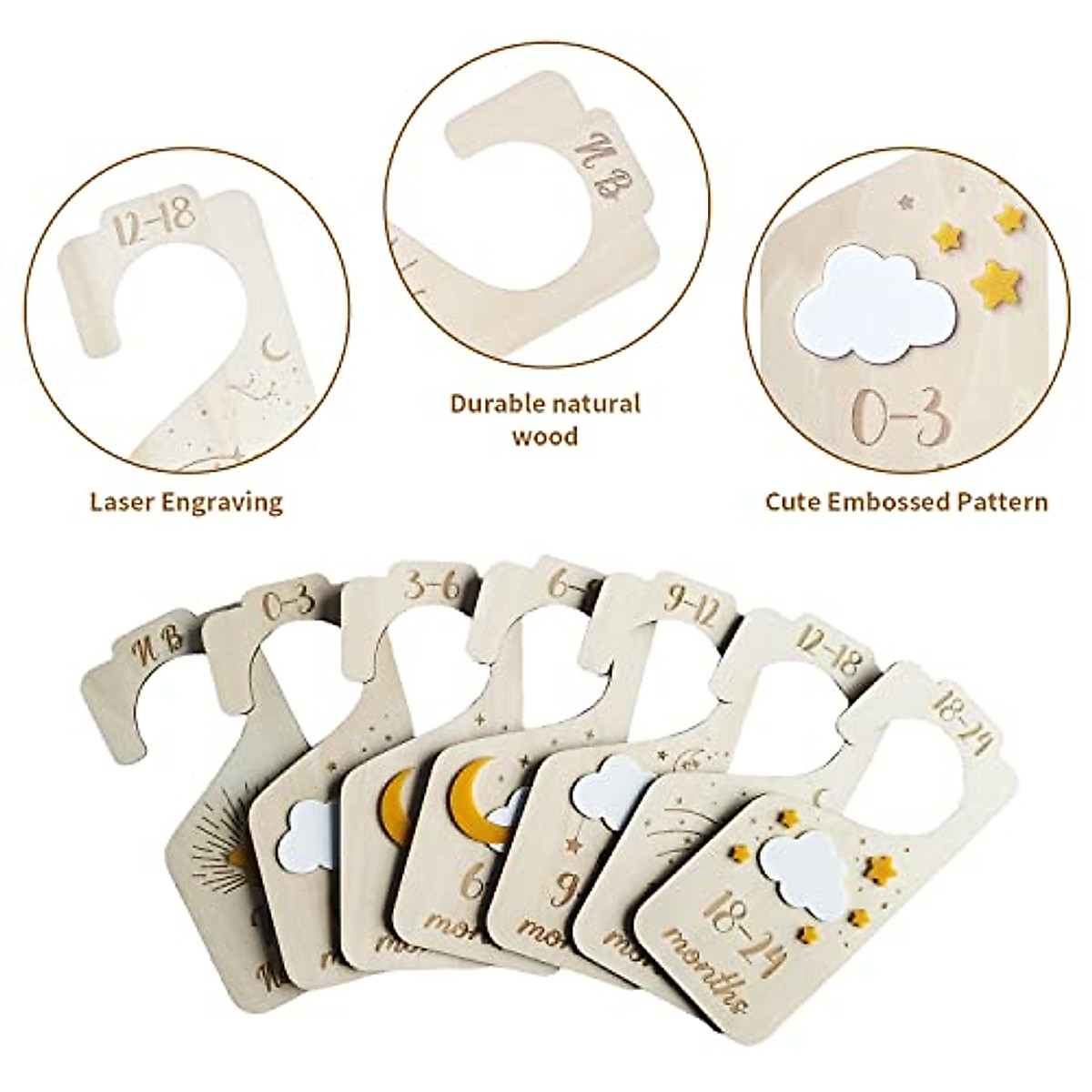 PDRYLY Baby Closet Dividers 7 Pcs，Beautiful Wooden Baby Closet Organizer from Newborn to 24 Months，Adorable Nursery Decor Hanger Dividers Easily Organize Your Baby Room